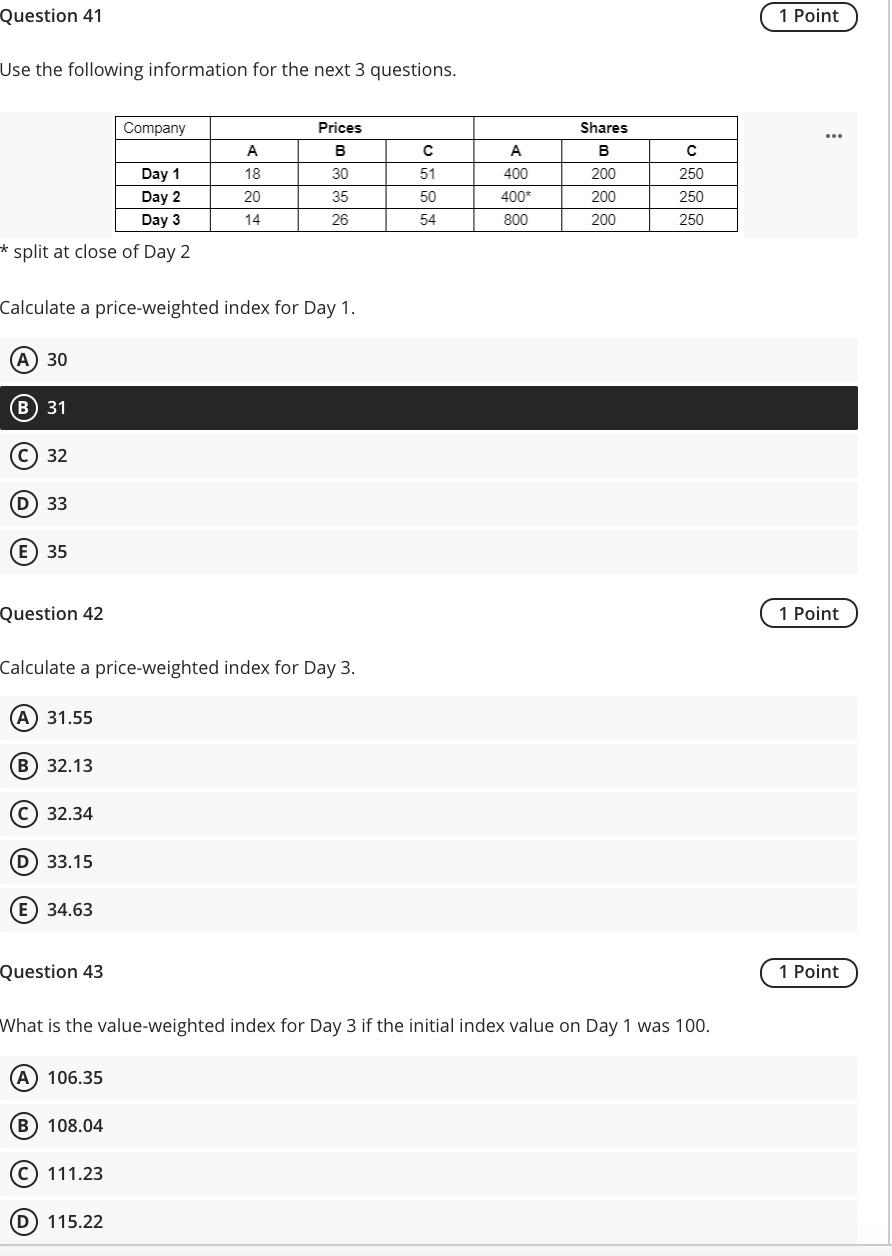 Solved Question 41 1 Point Use the following information for | Chegg.com