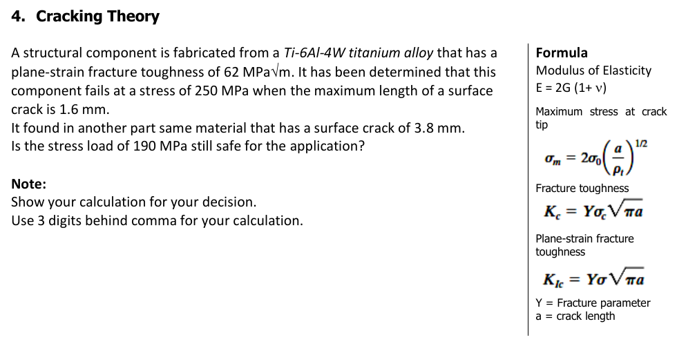 Solved 4. Cracking Theory Formula Modulus of Elasticity E = | Chegg.com