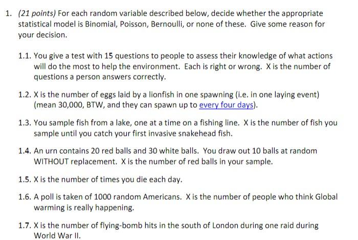 Solved (21 points) For each random variable described below, | Chegg.com