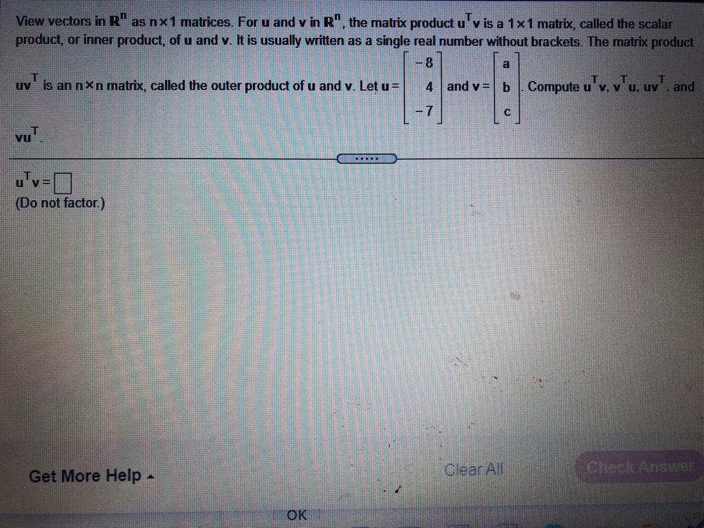 Solved View vectors in R" as nx 1 matrices. For u and vin | Chegg.com