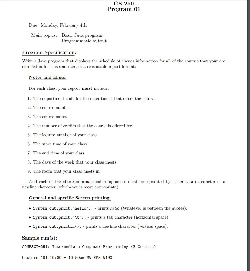 Solved CS 250 Program 01 Due: Monday, February 4th Main | Chegg.com