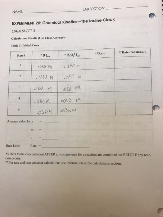 LAB SECTION: EXPERIMENT 20: Chemical Kinetics-The ... | Chegg.com LAB SECTION: EXPERIMENT 20: Chemical Kinetics-The ... | Chegg.com