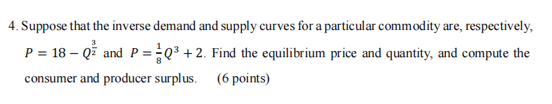 Solved 4. Suppose that the inverse demand and supply curves | Chegg.com