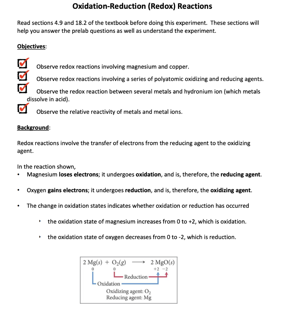 Oxidation-Reduction (Redox) Reactions Read sections | Chegg.com