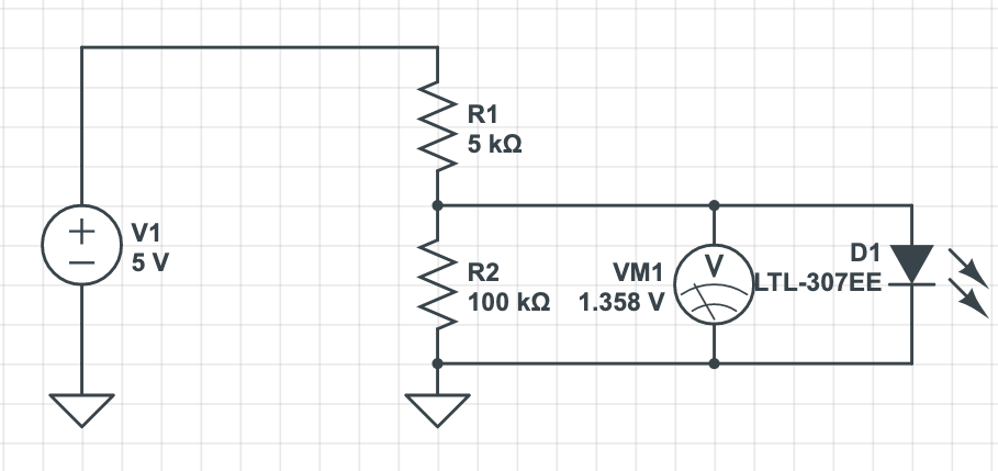 Solved R1 5 kQ2 + V1 5 V V R2 VM1 100 k 1.358 V D1 LTL-307EE | Chegg.com
