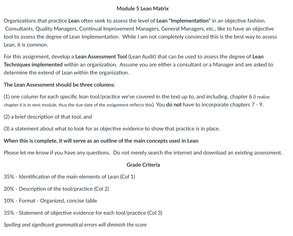 Solved Module 5 Lean Matrix Organizations that practice Lean | Chegg.com