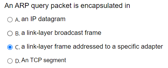 Solved An ARP query packet is encapsulated inA. ﻿an IP | Chegg.com