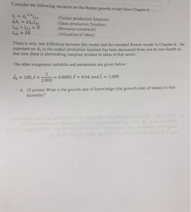 Solved Consider the following variation on the Romer growth | Chegg.com