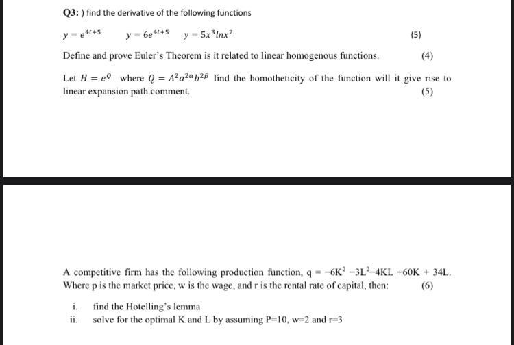 y = etc+5 Q3: ) find the derivative of the following | Chegg.com