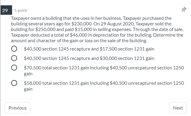 Solved -10 29 1 point Taxpayer owns a building that she uses | Chegg.com