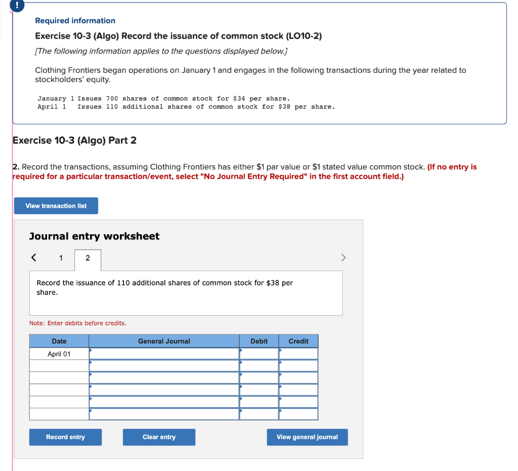 Solved Required information Exercise 10-3 (Algo) Record the | Chegg.com