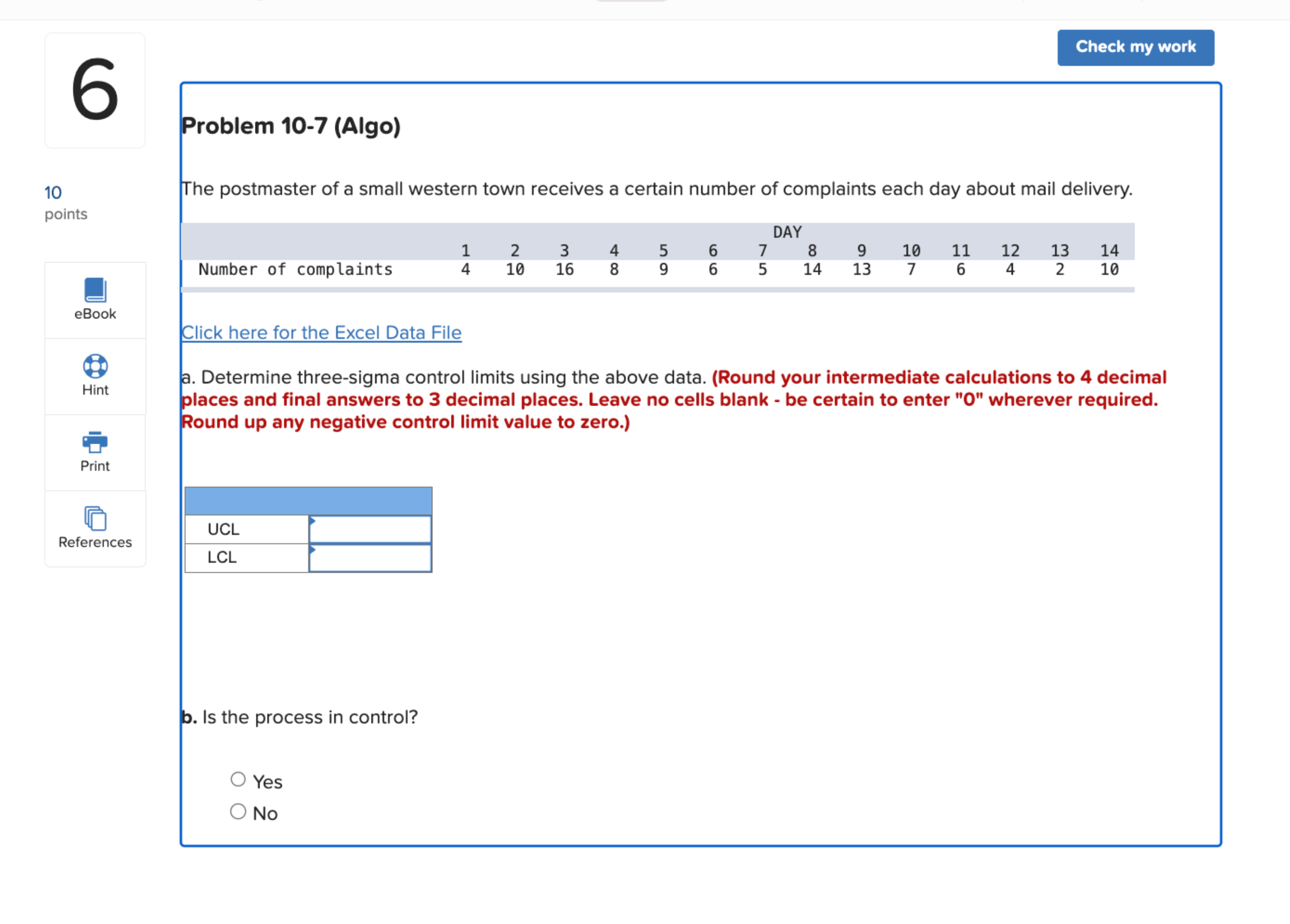 Solved Problem 10-7 (Algo)Click here for the Excel Data | Chegg.com