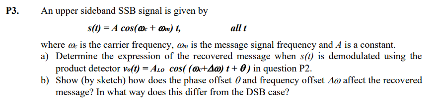 Solved An upper sideband SSB signal is given by | Chegg.com