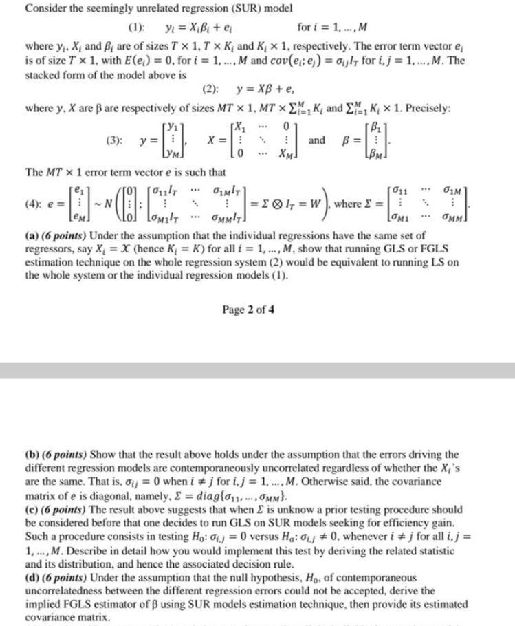 Consider the seemingly unrelated regression (SUR) | Chegg.com