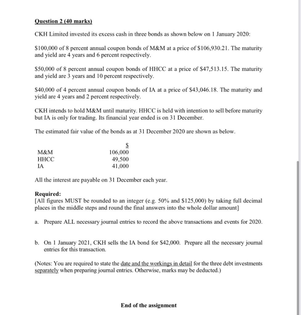 Question 2 (40 marks) CKH Limited invested its excess | Chegg.com