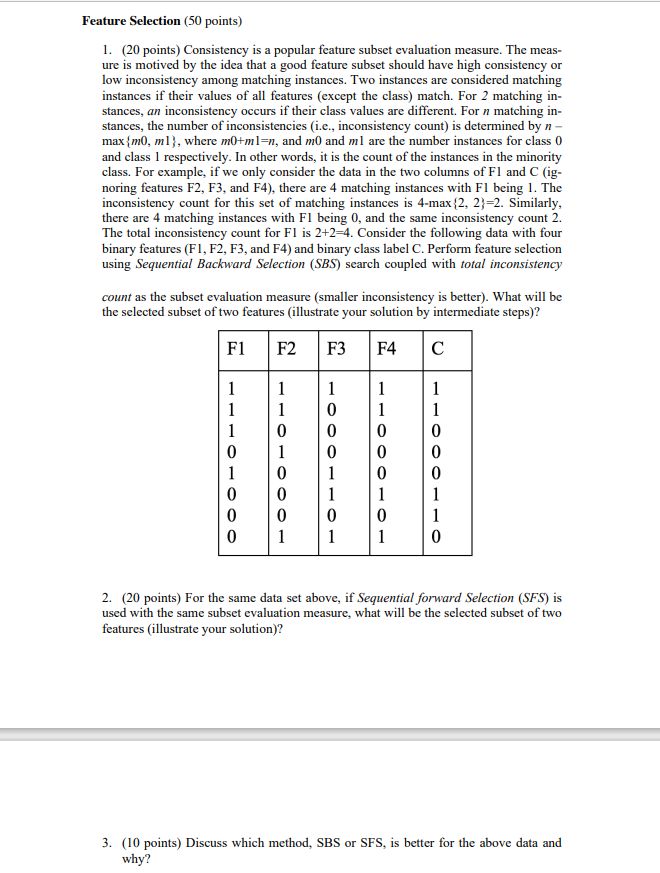 Feature Selection ( 50 points) 1. (20 points) | Chegg.com