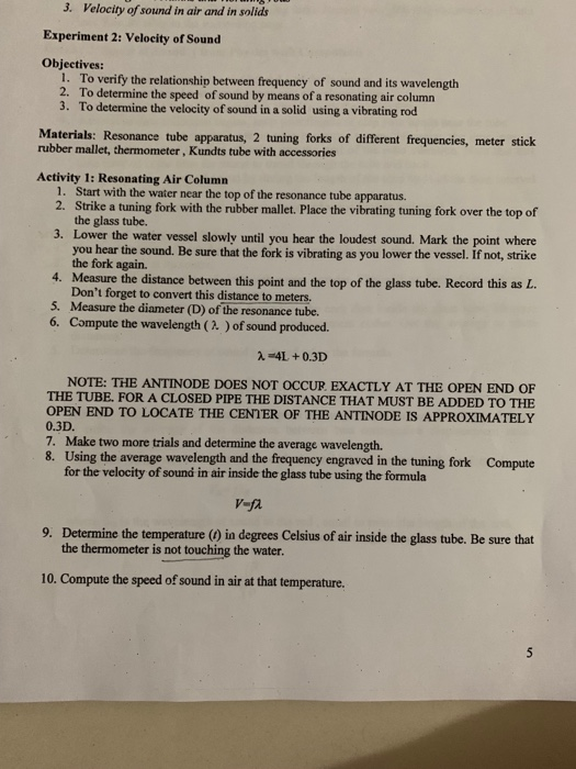 Solved 3. Velocity of sound in air and in solids Experiment | Chegg.com
