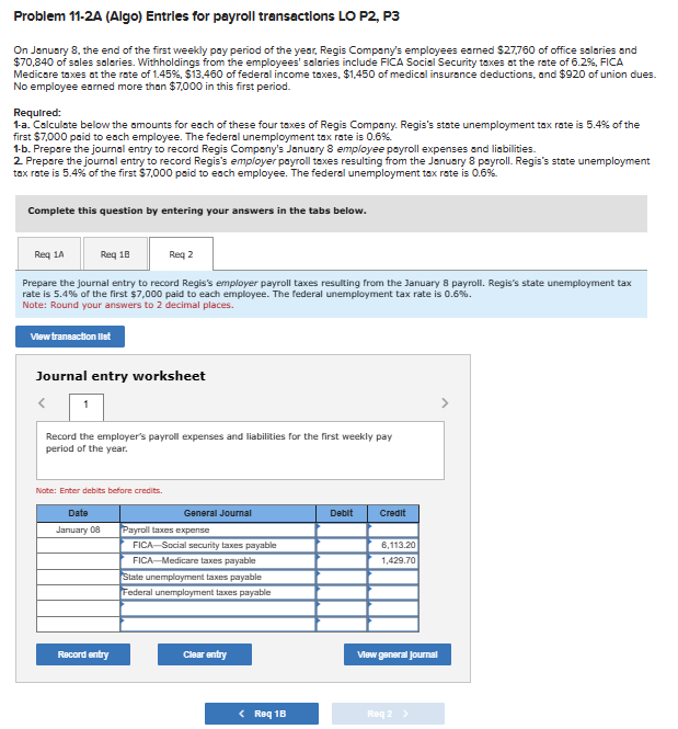 Solved Problem 11-2A (Algo) ﻿Entrles for payroll | Chegg.com
