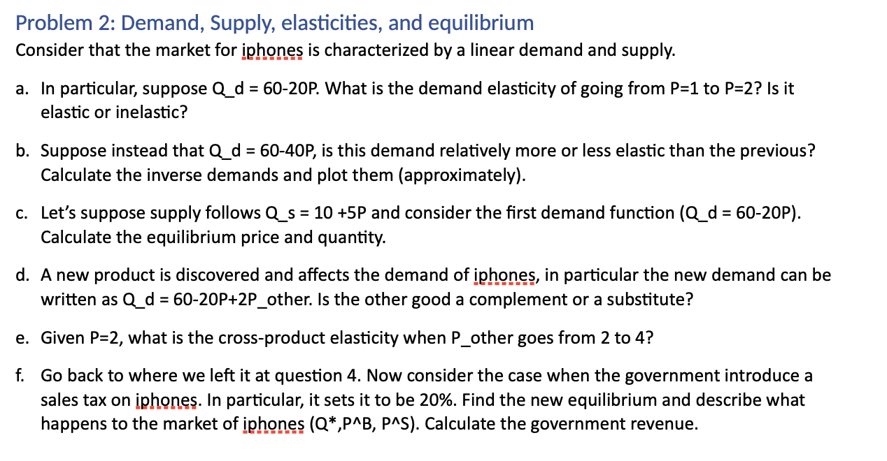 Solved Problem 2: Demand, Supply, elasticities, and | Chegg.com