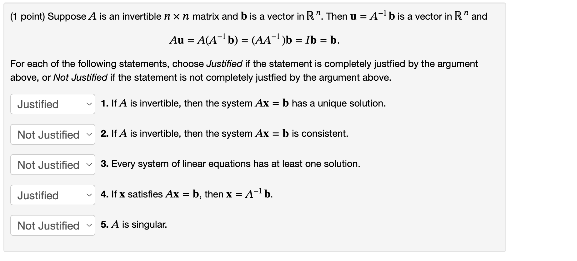 Solved (1 ﻿point) ﻿Suppose A ﻿is an invertible n×n ﻿matrix | Chegg.com
