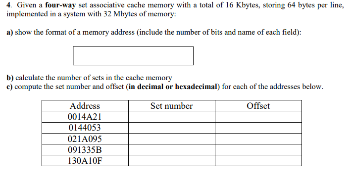 Solved 4. Given a four-way set associative cache memory with | Chegg.com