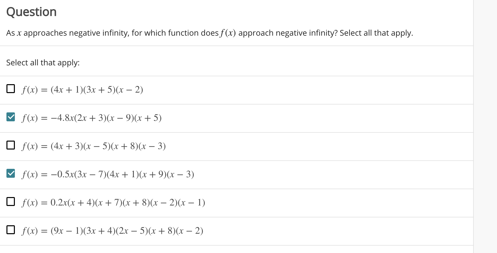 Solved Question As x approaches negative infinity, for which | Chegg.com