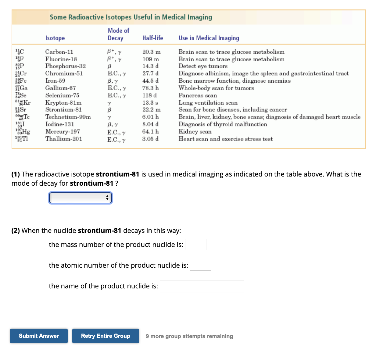 Solved (1) The radioactive isotope strontium-81 is used in | Chegg.com