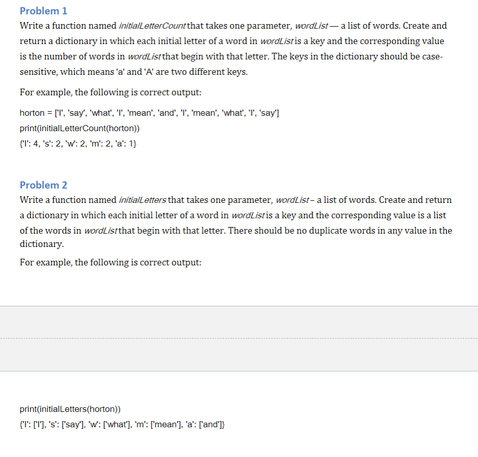 Solved Problem 1 Write a function named initialLetterCount | Chegg.com