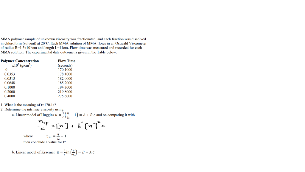 Solved MMA polymer sample of unknown viscosity was | Chegg.com