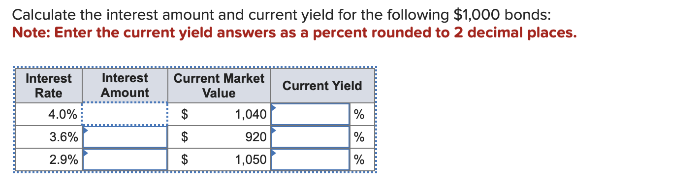 Solved Calculate the interest amount and current yield for | Chegg.com