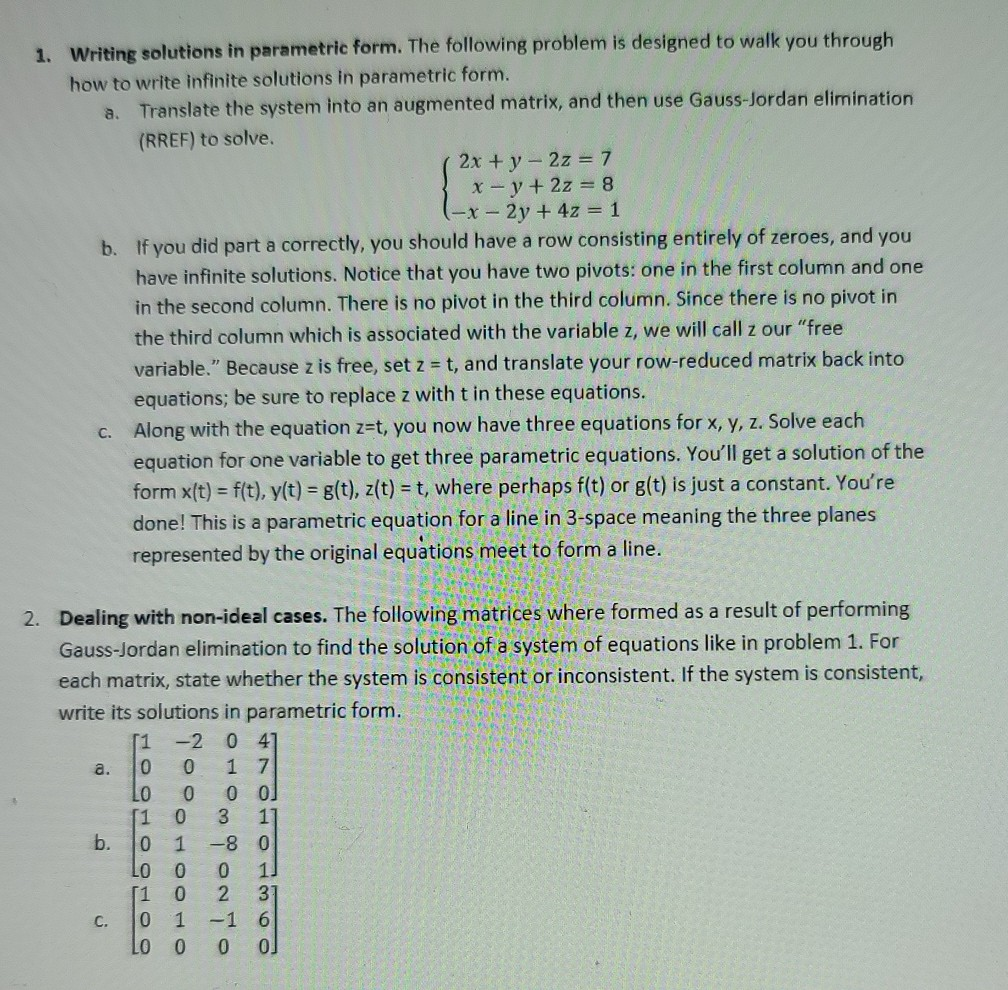 Solved 1. Writing solutions in parametric form. The | Chegg.com