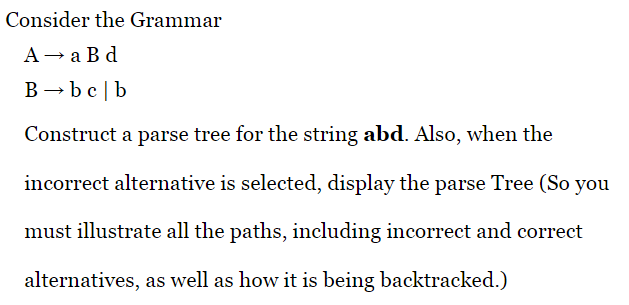 Solved Consider the Grammar A→aBdB→bc∣b Construct a parse | Chegg.com