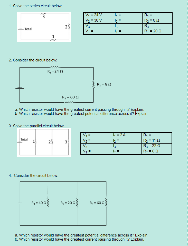 Solved 1. Solve the series circuit below. 3 V1 = 24V V2 = 36 | Chegg.com