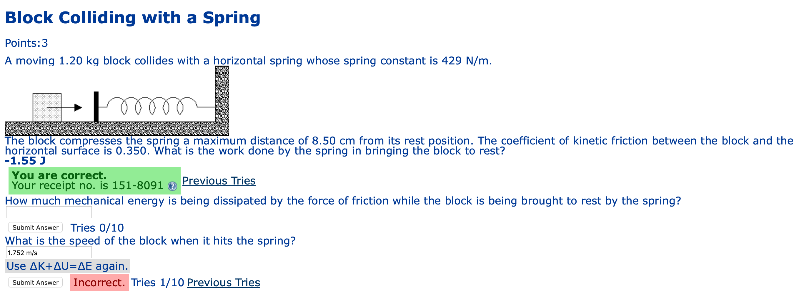 Solved Block Colliding with a Spring Points:3 A moving 1.20 | Chegg.com