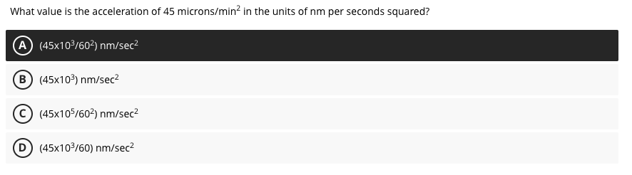 Solved What value is the acceleration of 45microns/min2 in | Chegg.com