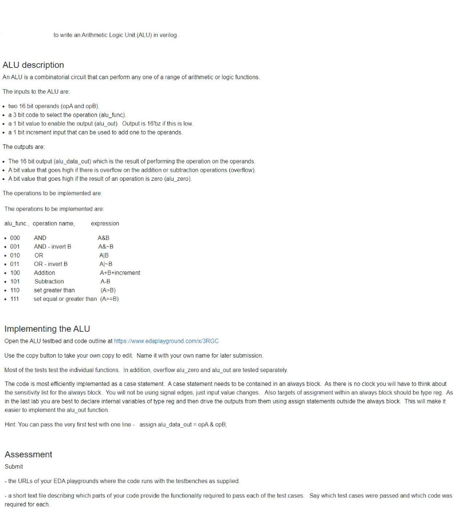 to write an Arithmetic Logic Unit (ALU) in verilog | Chegg.com