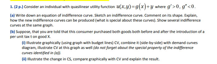 Solved ( 2 ﻿p.) ﻿Consider an individual with quasilinear | Chegg.com