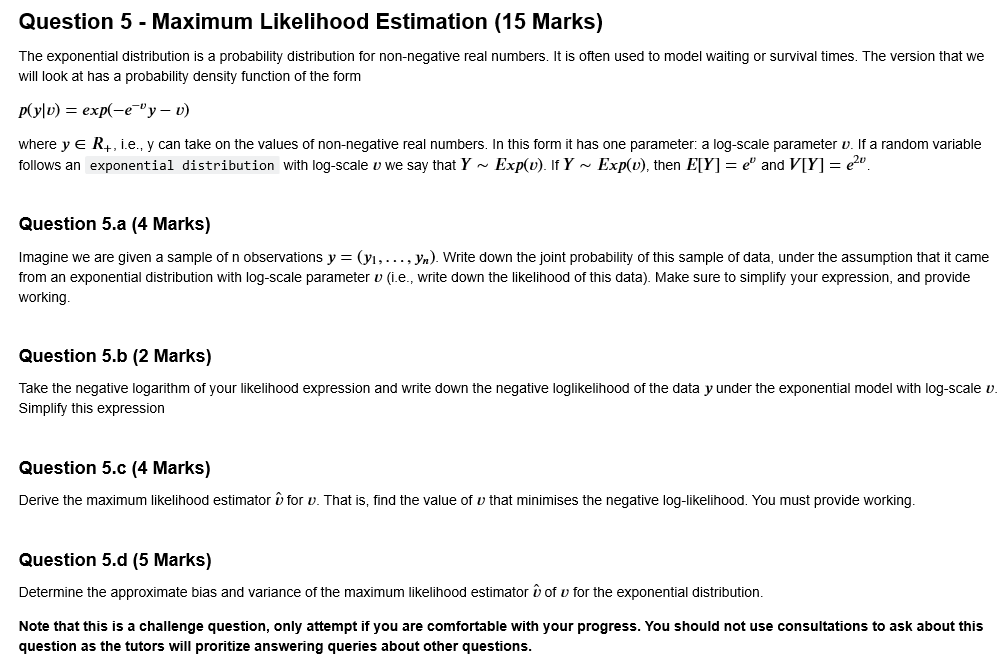 Solved Question 5 - Maximum Likelihood Estimation (15 Marks) | Chegg.com