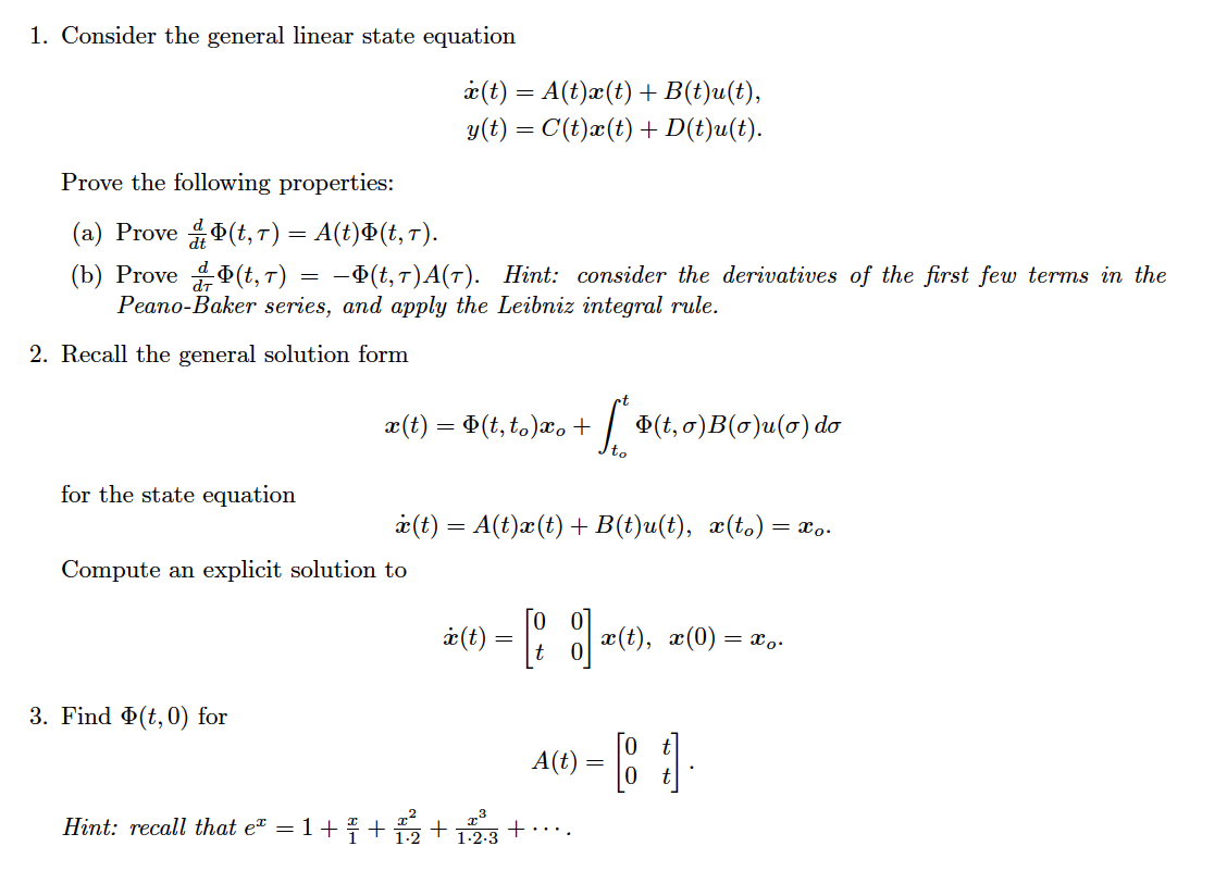 Solved 1. Consider the general linear state equation | Chegg.com
