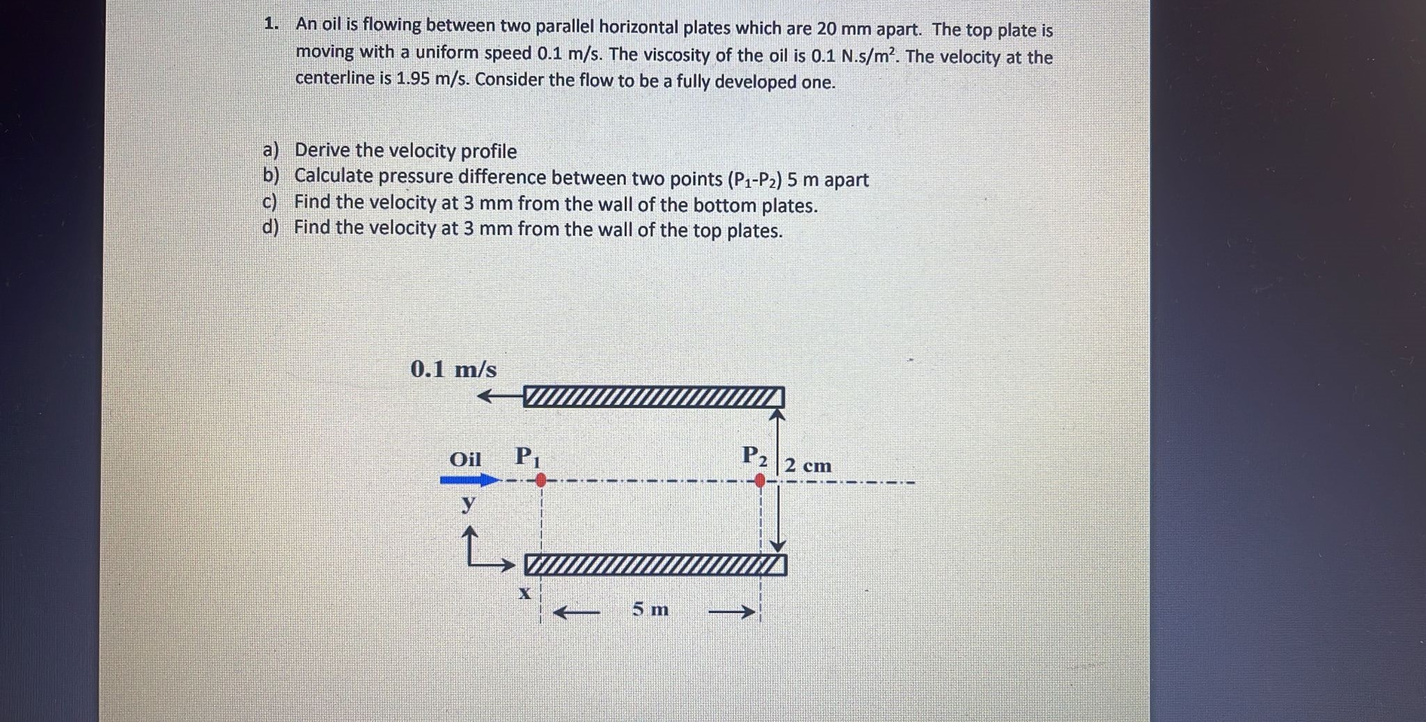 Solved 1. An oil is flowing between two parallel horizontal | Chegg.com