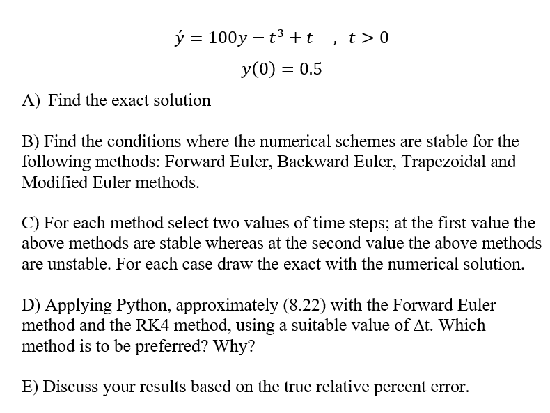 Solved y'=100y-t3+t ,t>0y(0)=0.5A) ﻿Find the exact | Chegg.com