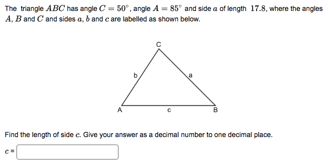 Solved The triangle ABC has angle C=50∘, angle A=85∘ and | Chegg.com