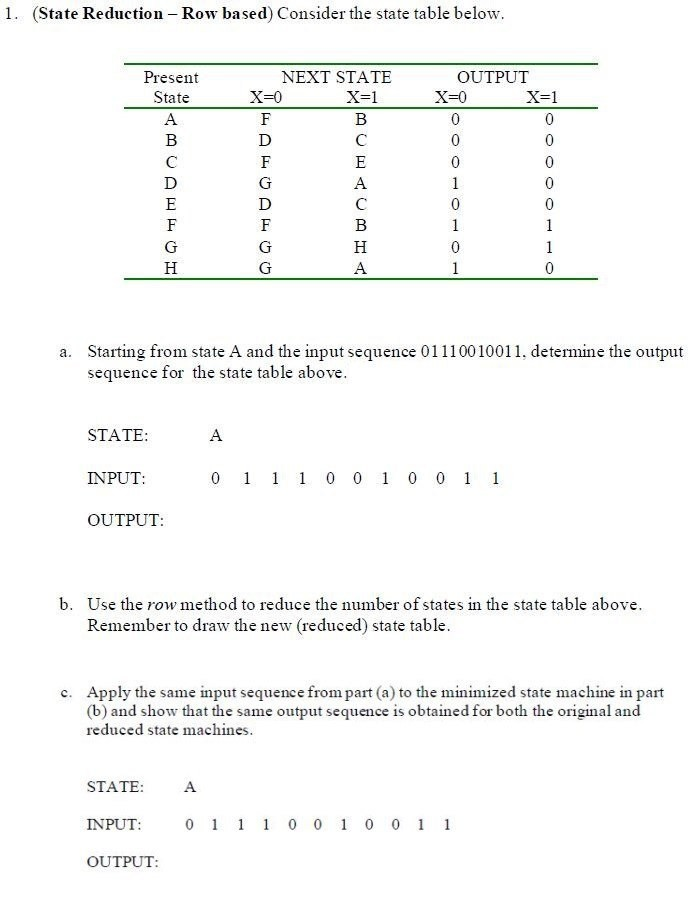 Solved 1. (State Reduction - Row based) Consider the state | Chegg.com