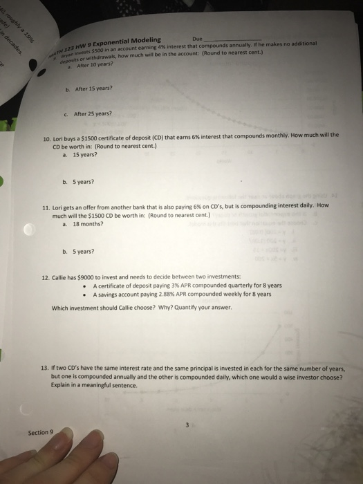 Solved MATH 123 HW 9 Exponential Modeling Name Due Section | Chegg.com