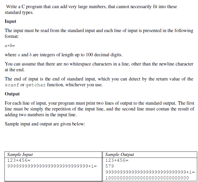 Solved Write a C program that can add very large numbers, | Chegg.com
