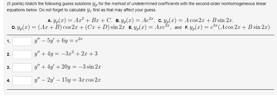 Solved (5 points) Match the following guess solutions yp for | Chegg.com