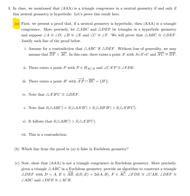 Solved 3. In class, we mentioned that (AAA) is a triangle | Chegg.com