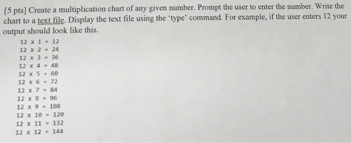 Solved 5 Pts Create Multiplication Chart Given Number Prompt User Enter Number Write Chart 7287