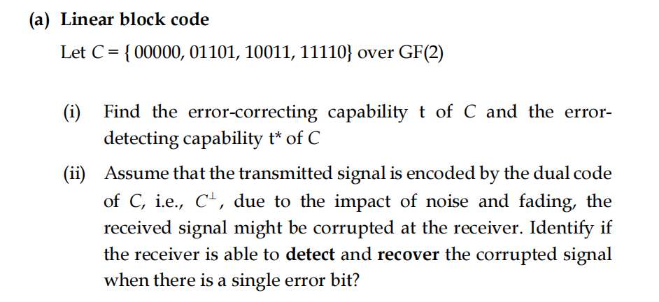 Solved a) Linear block code Let C={00000,01101,10011,11110} | Chegg.com