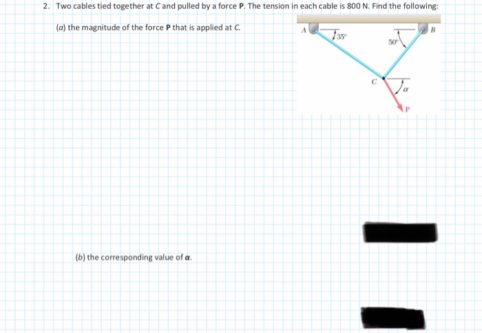Solved 2. Two cables tied together at Cand pulled by a force | Chegg.com